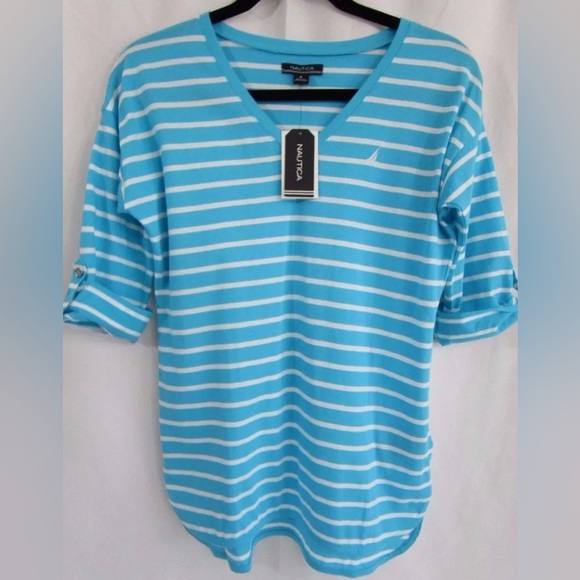 Nautica | Tops | Nautica Womans Striped Tab Sleeve Vneck Top Blue ...